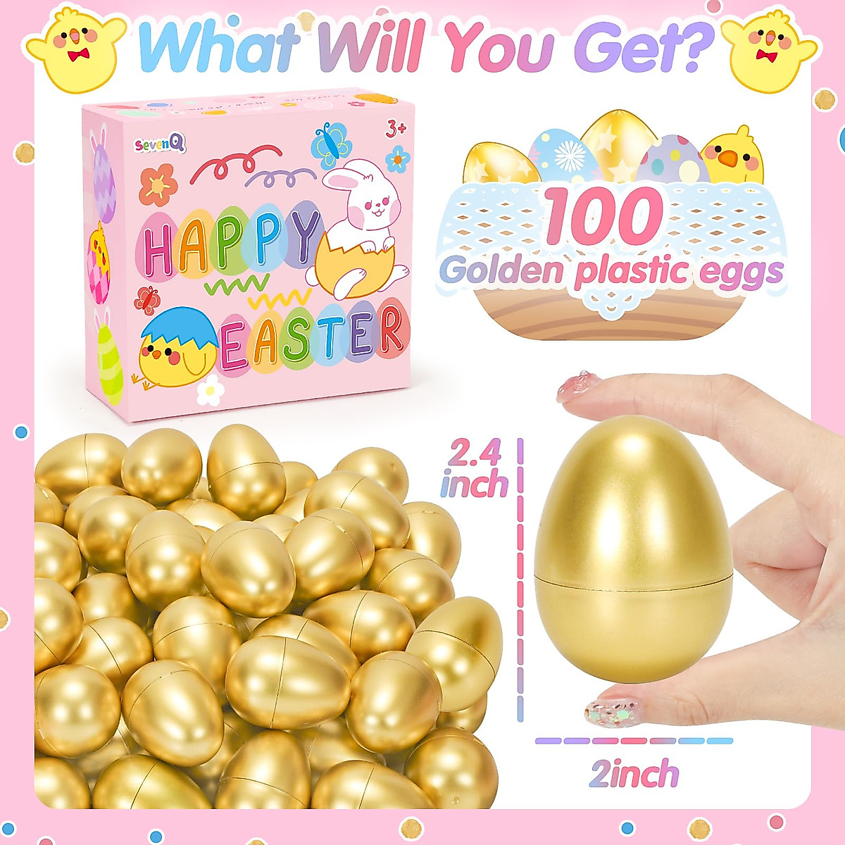 SevenQ Easter Eggs Empty 100Pcs, Fillable Plastic Golden Eggs for Easter Basket Stuffers Fidget Toy Easter Gifts for Kids Party Favors Pinata Treasure Box Candy Goodie Bags Fillers Egg Hunt Essentials