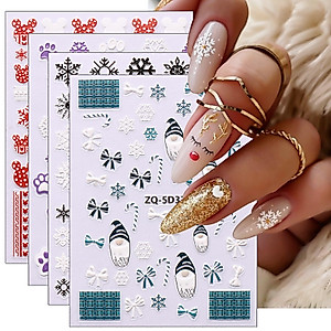JMEOWIO 3D Embossed Christmas Nail Art Stickers Decals Self-Adhesive Pegatinas Uñas 5D Snowflake Xmas Winter Holiday Nail Supplies Nail Art Design Decoration Accessories 4 Sheets