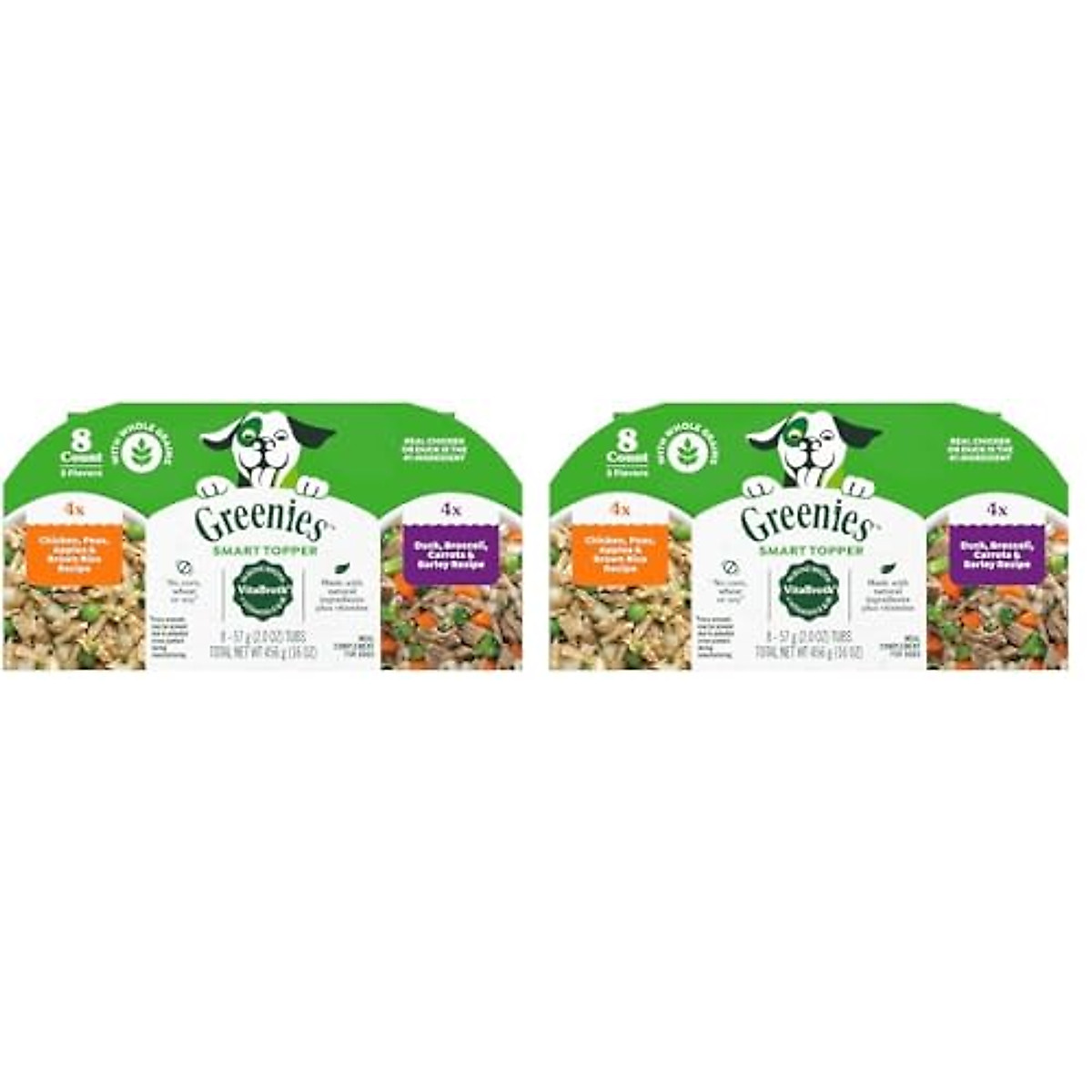 Greenies Smart Topper High Protein Wet Mix-in for Dogs, Chicken, Peas, Apples, and Brown Rice Recipe & Duck, Broccoli, Carrots and Barley Recipe Variety Pack with Whole Grains, 2oz. 8 Trays