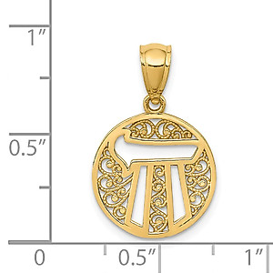 Solid 14k Yellow Gold Filigree Circle Chai Pendant Charm - 21mm x 14mm
