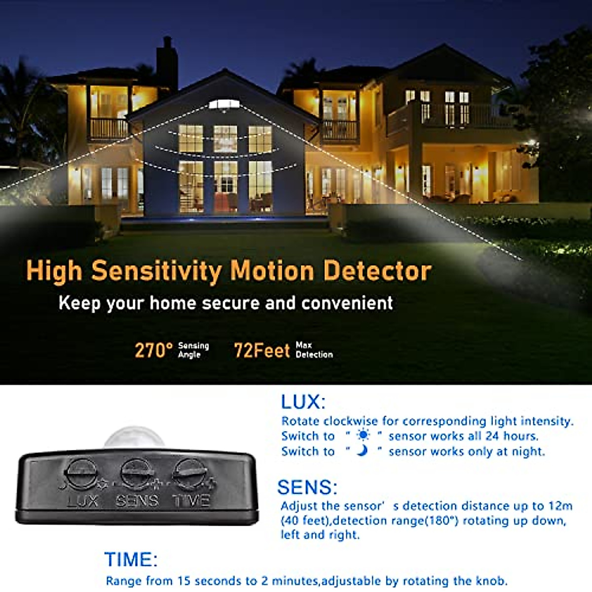DLLT 50W Security Lights Motion Outdoor, LED Flood Light Fixture with 3 Adjustable Heads, IP65 Waterproof, 6000K Daylight Super Bright Exterior Lights Wall Mounted for Garage, Yard, Porch, Garden