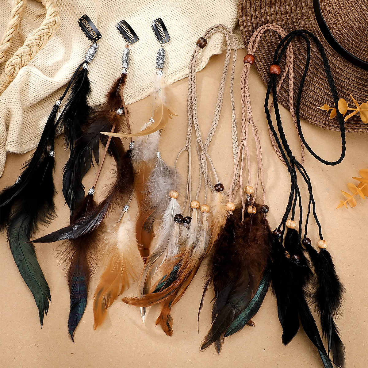 Geyoga 6 Pcs Feather Headband Feather Hair Clip Set Boho Hair Extensions with Feather Clip Comb Hippie Headpiece for Women(Simple Style)