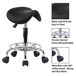 KKTONER Saddle Stool with Foot Rest PU Leather Swivel Adjustable Rolling Stool with Wheels Facial Salon Chair (Black)