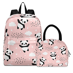 Moudou Panda School Backpack with Lunch Bag Student Bookbag Travel Daypack for Teen Boys Girls