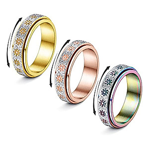 PAURO Women's Stainless Steel Fashion Sunflower Turnable Ring Band Rings Stress Relieving Anxiety Gift Gold Size 7