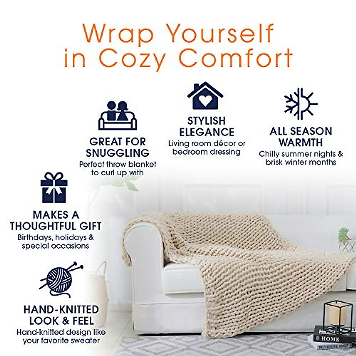 Cheer Collection Chunky Cable Knit Throw Blanket for Couch, Sofa, Bedroom and Living Room - Extra Soft and Cozy Decorative Throws - 50" x 60", Taupe