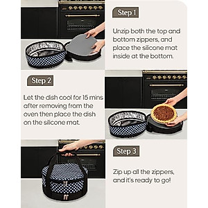 Premium Insulated Round Casserole Carrier & Insulated Pie Carrier (12.5" x 6") – Stylish Pie Carrier with Lid and Handle – Collapsible Cake Carrier, Cheesecake Carrier for transport [Navy Polka Dot]