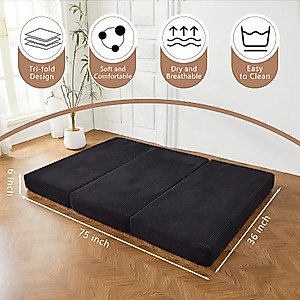 Tri-Folding Corduroy Mattress, 6 Inch Gel Folding Mattress Topper, Foldable Soft Guest Bed Camping Pad, Washable Cover (Black, Twin)