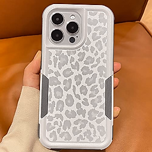 Burmcey for iPhone 14 Pro Max Case White Leopard Light Gray, Cheetah Print Heavy Duty Tough Rugged Full Body Protection Shockproof Protective Women Girls Case for iPhone 14 Pro Max 6.7'' 2022