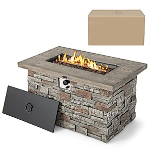 Giantex Propane Fire Pit Table - 2-in-1 Outdoor Rectangle Fire Table W/Volcanic Rock & PVC Cover, Stainless Steel Burner, 50,000 BTU Heat Output, Faux Stone Surface, 43.5” Gas Fire Pits for Outside