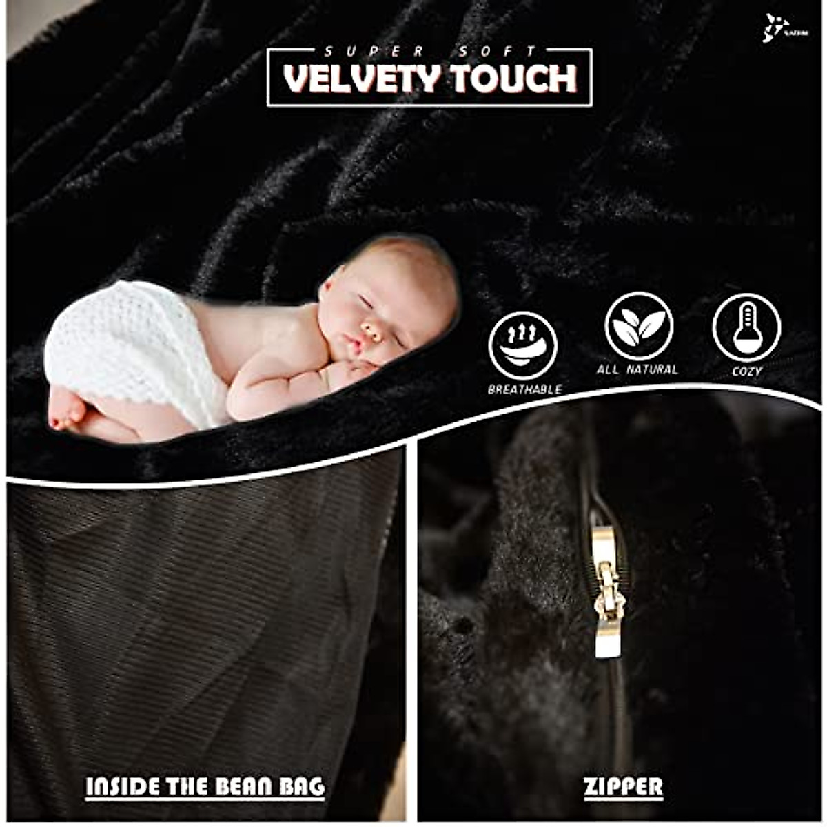 Bean Bag Chairs, 7ft Giant Bean Bag Chair for Adults, Big Bean Bag Cover Comfy Large Bean Bag Bed (No Filler, Cover only) Fluffy Lazy Sofa (Dark Grey), 7ft(180*80cm)(Black)