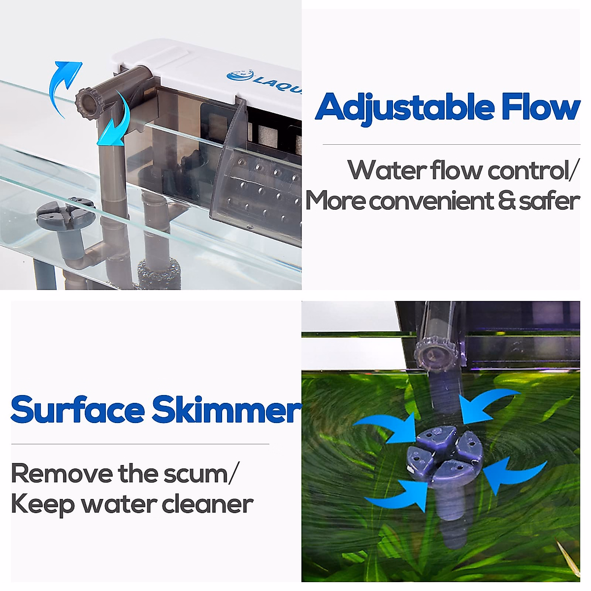 LAQUAL Aquarium Filter with Surface Skimmer, 30-50 Gallon Small Fish Tank Filter, Full Contact & 3 Layer Filtration, Quiet & Efficient, Waterfall Design for Increasing Oxygen, Hang on Back Filter