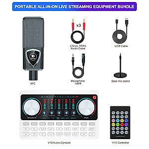 Podcast Equipment Bundle, tenlamp Q8 Podcast Microphone with Sound Board Voice Changer Mixer Controller, Studio Live Sound Card Kit for PC Smartphone Recording Live Streaming