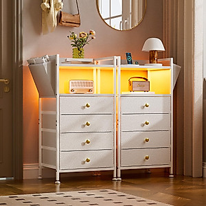 GipGiper White Nightstand with Charging Station, LED Nightstand with 4 Fabric Storage Drawers, Small Dresser for Bedroom, Entryway, Hallway, College Dorm Furniture Tall Nightstand Bedside End Table