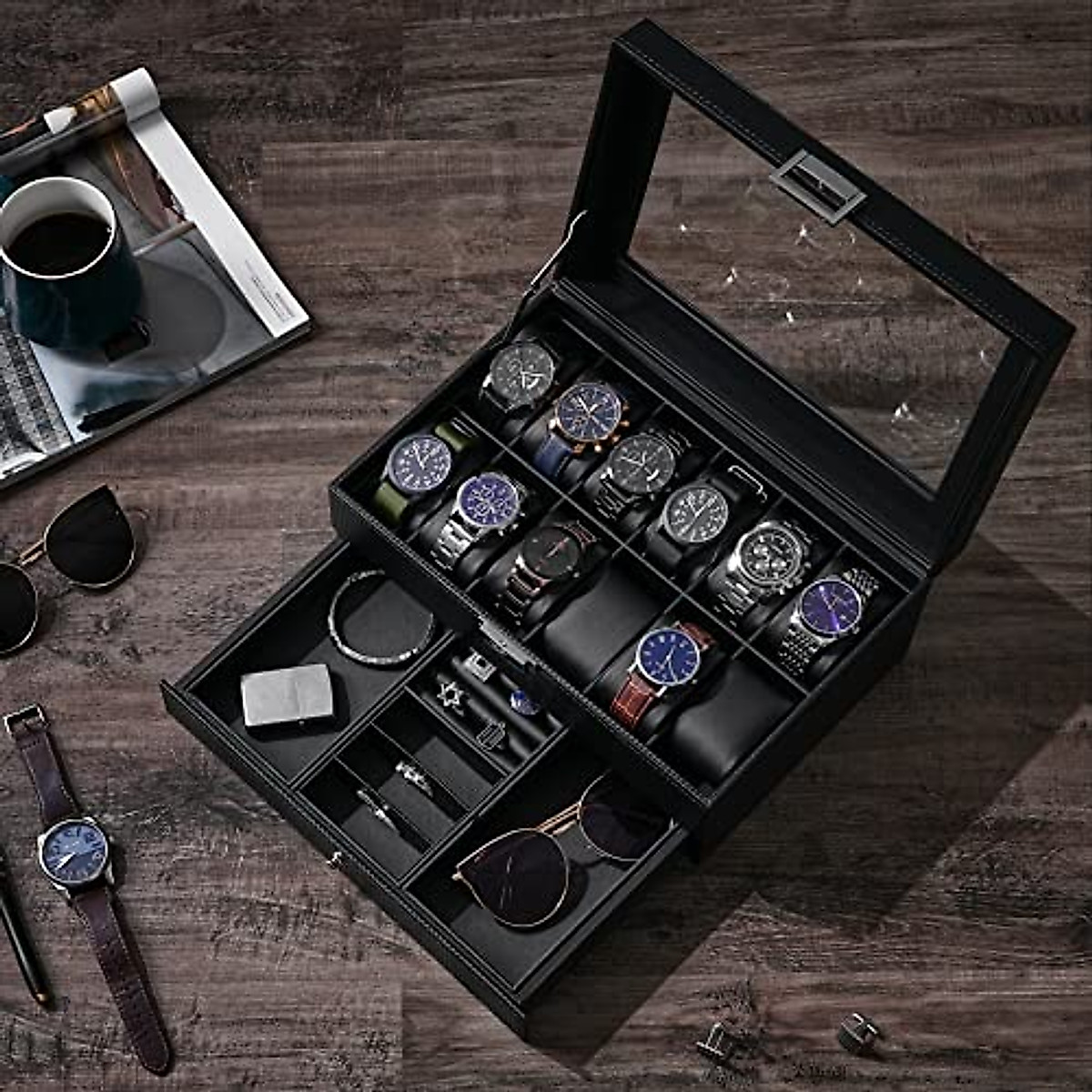 BEWISHOME Watch Box Organizer with Valet Drawer - Real Glass Top, Adjustable Tray, Metal Hinge, Carbon Fiber Design - 12 Slots Watch Storage Case for Men, Black SSH02C