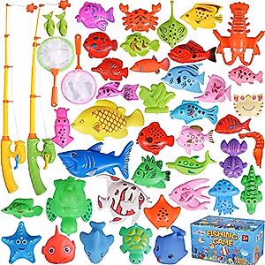 Max Fun Magnetic Fishing Water Toys for Kids Ages 3-5 with Magnet Pole Rod Net, Plastic Floating Fish for Toddler Outdoor Toys, Summer Toys, Bath Toys for Kids Ages 4-8