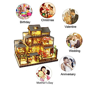 SYW Japanese Style Retro Villa Miniature Dollhouse with Furniture, DIY Miniature Dollhouse Kit with LED Light, 1:24 Scale Creative Room for Birthday Xmas Gift