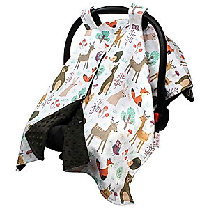 Baby Car Seat Canopy Cover - Forest Animals Bear Deer Fox Owl Rabbit with Dark Brown Minky Dot
