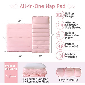 Tufted Toddler Nap Mats for Preschool Daycare Girls Pink Jacquard Tufts Kids Sleeping Mats Toddler Slumber Bag Nap Pad with Removable Pillow for Girls Boys Kindergarten Sleepovers Travel and Camping