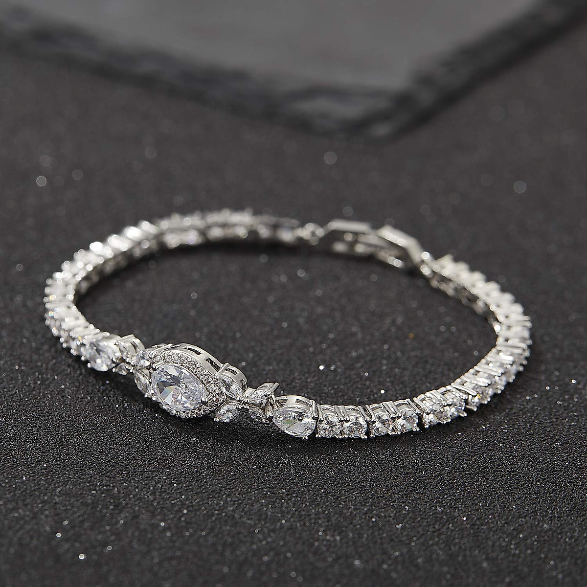 SWEETV Cubic Zirconia Teardrop Tennis Bracelets for Wedding Bridal Jewelry, Crystal Rhinestone Bracelets for Brides,Bridesmaid, Women, Silver