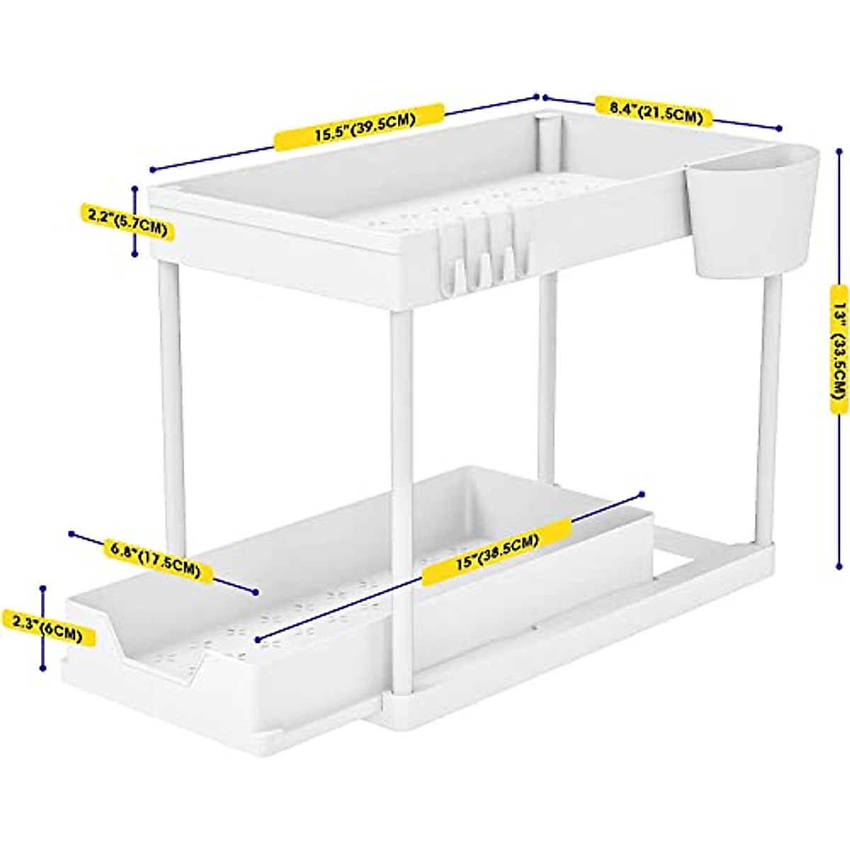 Under Sink Storage - Bnimtm 2 Pack White Under Sink Storage Kitchen Organiser - Sliding Drawer Pull Out Under Sink Organiser with Hooks Cup for Kitchen Bathroom
