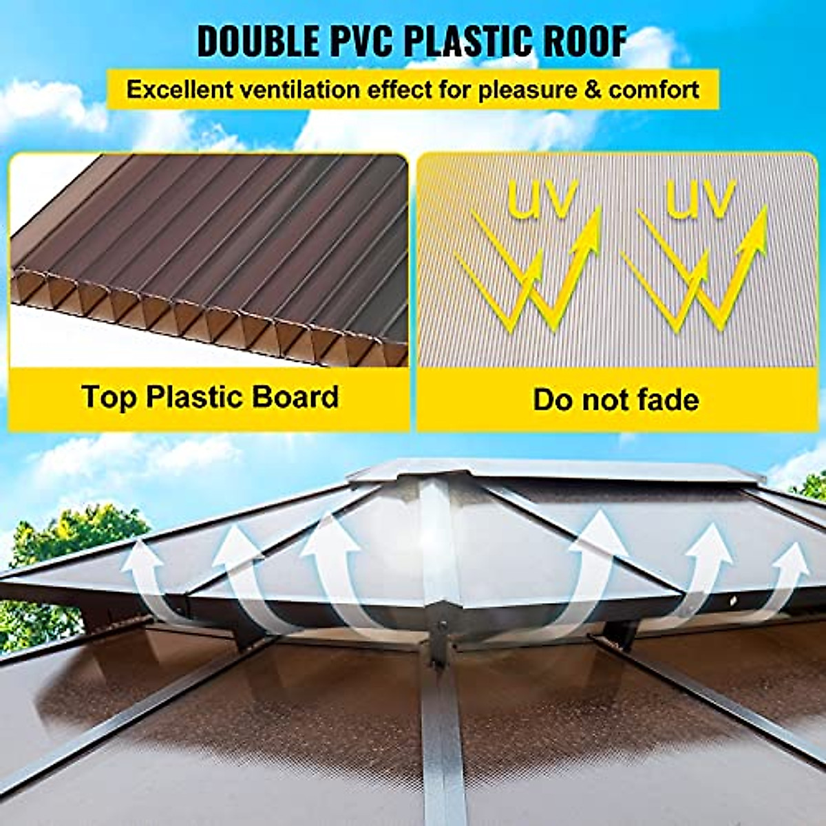 Happybuy Patio Gazebo, 10’ x 12’ Outdoor Gazebo Canopy, Patio Canopy w/Double PVC Plastic Roof, Aluminum Frame with Curtains and Netting, Shelter for Patios, Backyard, Outdoor Lawn