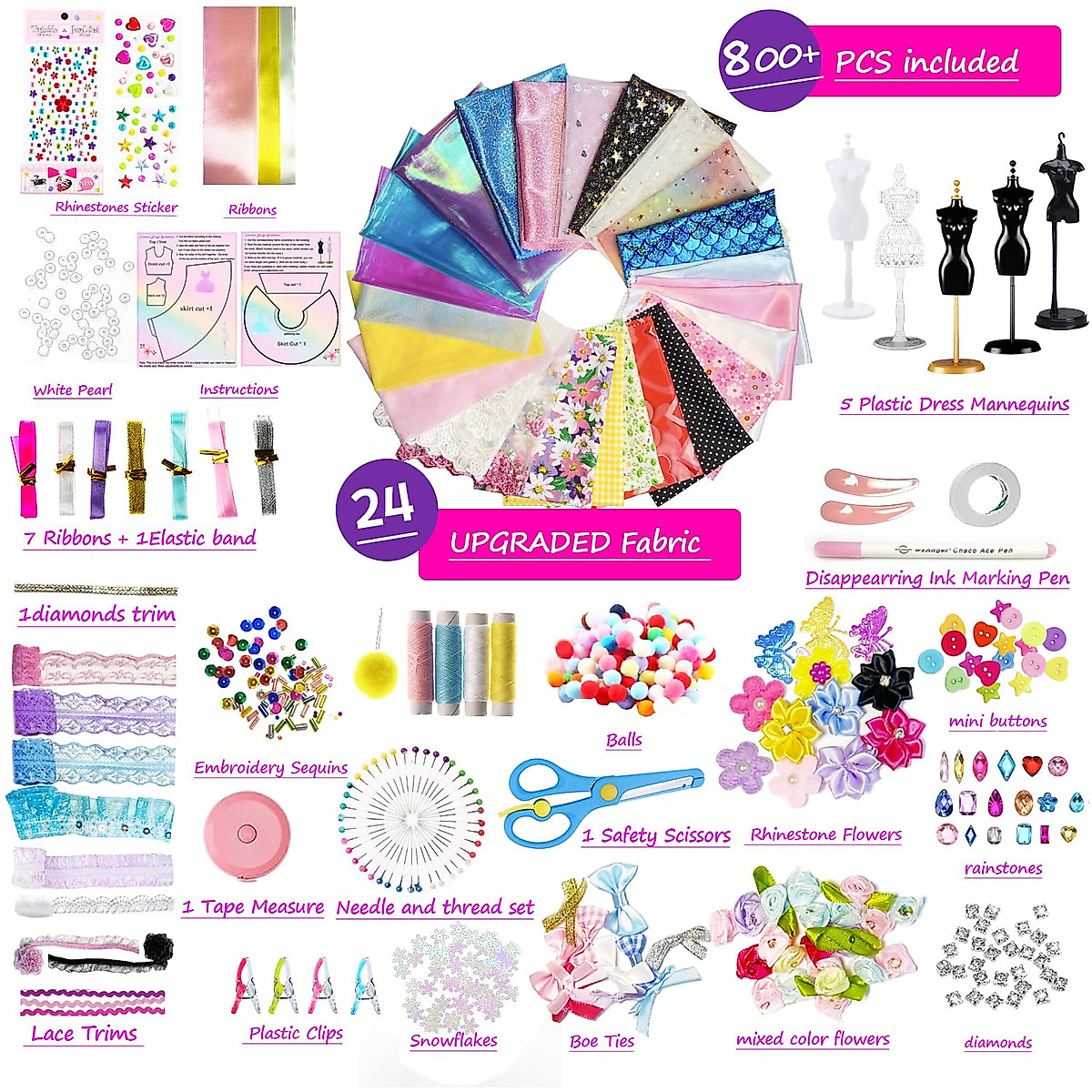 AMOPRO Fashion Designer Kit for Girls, 800PC+ Creativity DIY Arts & Crafts Design with 5 Mannequins, Learning Toys Doll Clothes Making Sewing Kit for Kids Ages 8-12+ Birthday Girls Gift