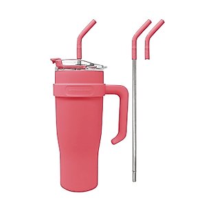 HYDRAFLOW Capri - 40oz Tumbler with Straw and Handle - Triple Wall Vacuum Insulated Tumbler - Insulated Smoothie Cup - Stainless Steel Tumbler - Reusable Tumbler with Lid - Coral