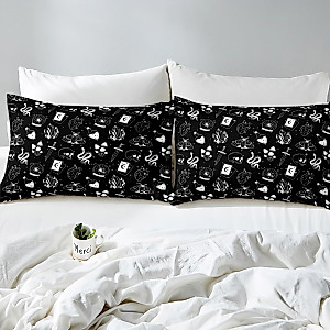 Gothic Skull Bedding Set King Size for Woman Men,Skull Skeleton Hippie Mushroom Plant Comforter Cover with 2 Pillowcases,Moth Stars Shiny Galaxy Halloween Duvet Cover Set Microfiber Quilt Cover