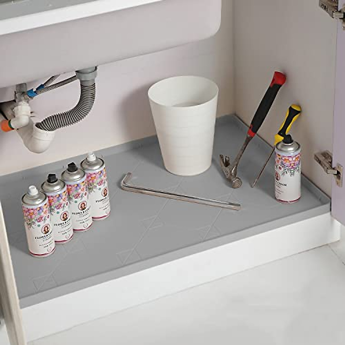 Under Sink Mat, 34" x 22" Waterproof Silicone Under Sink Liner,Under Sink Mat Kitchen & Bathroom Cabinet Liner, Raised Edge Under Sink Cabinet Mat,Prevent Drips, Leaks, Spills (Gray)