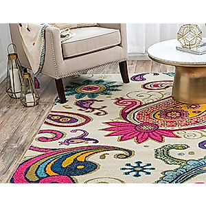 Unique Loom Estrella Collection Colorful, Paisley, Floral, Abstract, Modern Area Rug, 5 x 8 ft, Beige/Pink