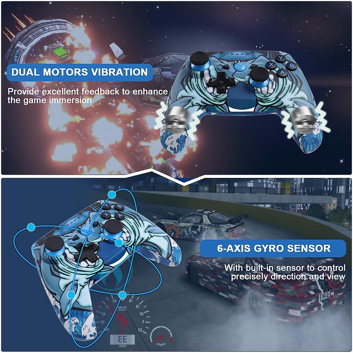 STOGA Wireless Game Controller for iPhone, Android, iPad, Mobile, PC, Tablet, Switch/Apple Arcade Mfi Games/TV/Steam, Shark Skin Bluetooth Pro Gaming Controller with Phone Clip, with 6-Axis Gyro/Dual