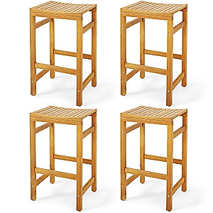 Tangkula Acacia Wood Bar Stool Set of 4, 30-Inch Height Bar Chair with Saddle Shaped Seat & Sturdy Footrest, Patio Furniture Chair Set, with 400 LBS Capacity, for Porch, Poolside, Balcony (4)