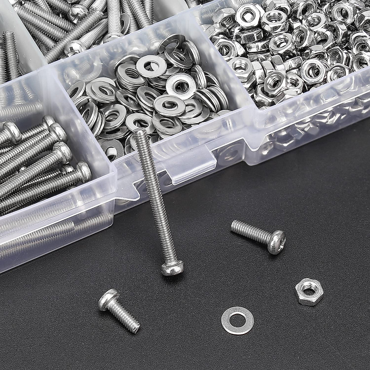 HELIFOUNER 1280 Pieces M3 x 4mm /6mm /8mm /10mm /12mm /14mm /16mm /18mm /20mm /25mm / 30mm, Phillips Pan Head Machine Screws, Metric Screws Bolts Washers Nuts Kit, 304 Stainless Steel