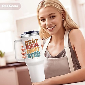 Bonus Mom Tumbler with Handle, Bonus Mom Gifts - 40 oz Best Moms Cups Tumbler with Straw and Lid - Unique Mother In Law Birthday Gift for Mothers Day Christmas for Step Moms Gifts