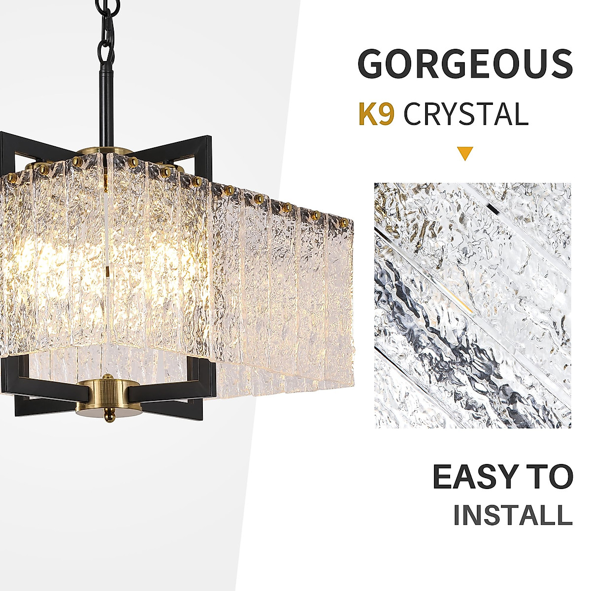 KINGTORO Modern Crystal Chandelier,16" Black Chandeliers for Dining Room, Adjustable Height,Water Ripple Glass,Hanging Pendant Light Fixture for Kitchen Island Entryway Foyer Hallway Living Room