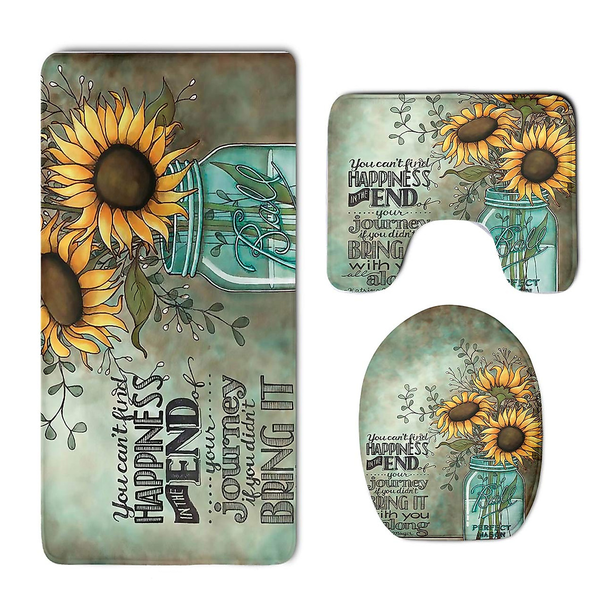 Sunflower in Bottle 3 Pack Super Cozy Memory Foam Tub-Shower Bath Rug Set, Non Slip Rubber Backing Quick Dry - Absorbent Shaggy Rugs Soft Contour Mat & Lid Cover