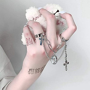 Ubjuliwa Gothic Punk Chain Finger Rings Set 15Pcs Adjustable Stackable Vintage Silver Emo Rings for Women Men Cross Butterfly Knuckle Rings