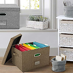 JSungo File Box with 5 Hanging Filing Folders, Document Organizer Storage for Office, Collapsible Linen Storage Box with Lids, Home Portable Storage with Handle, Letter Size Legal Folder, Brown