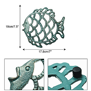 Sungmor Cast Iron Cute Fish Trivet for Wood Stove - Dia-7.5 Inch Dark Green Finish - Rustproof Round Stands for Hot Pots/Dishes/Pans - Decorative Metal Table Trivet for Kitchen Cooking