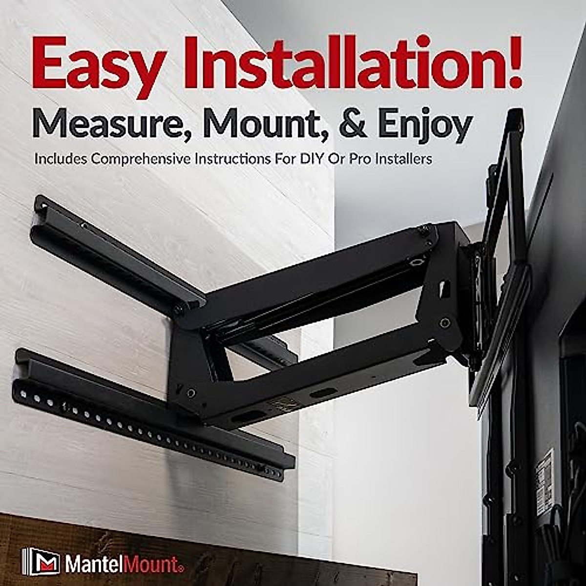 MantelMount MM340 Above Fireplace Pull Down TV Mount - with Patented auto-straightening, auto-stabilization, 2 Gas Pistons, Adjustable Motion Stops, Wire tabs & Safety Pull-Down Handles