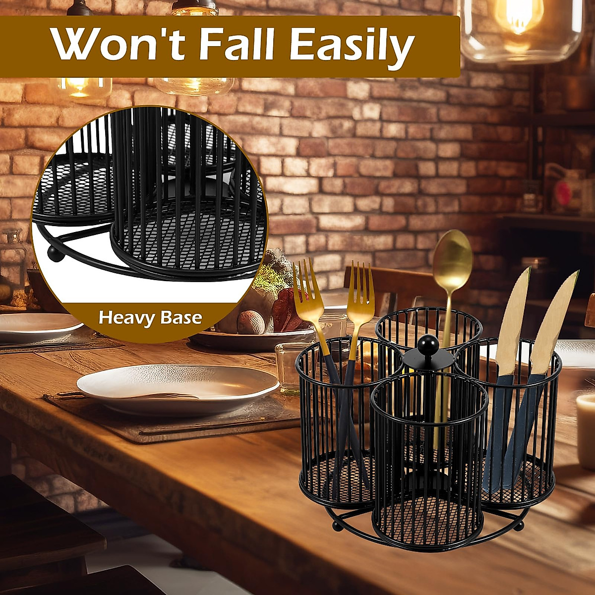 Metal Utensil Caddy 360 Degree Rotating Cutlery Holder 4 Compartment Flatware Storage Basket Portable Multipurpose Countertop Silverware Organizer for Kitchen Picnic Camping Outdoor(16*16*14cm,black)