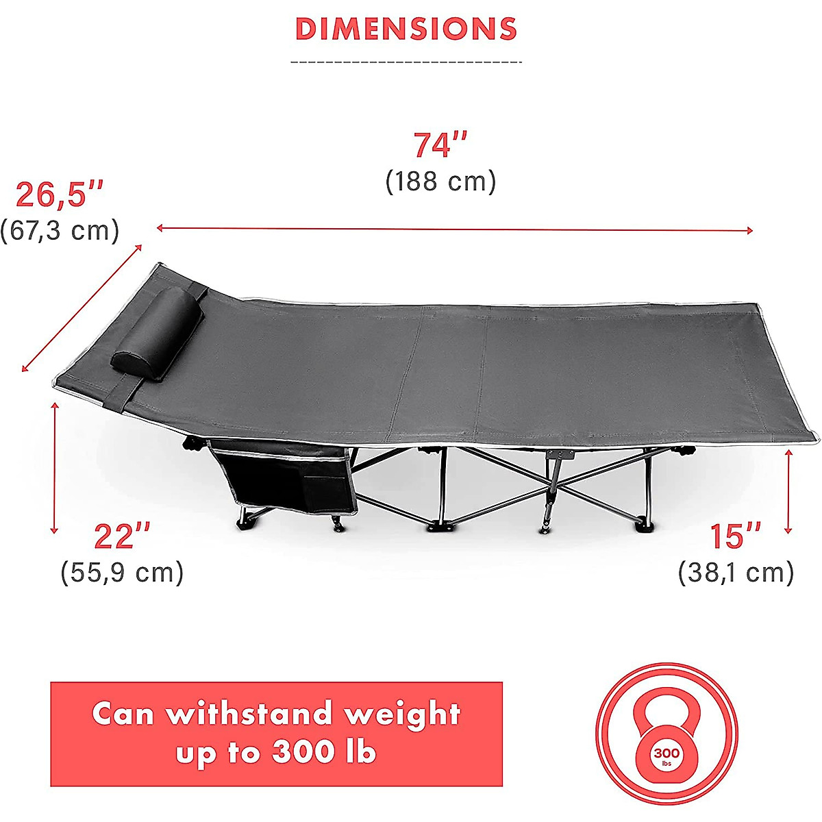 VaygWay Outdoor Folding Camping Travel Cot - Grey Lightweight Comfortable Portable Heavy Duty Foldable Cot – Sleeping Travel Bed w/Pocket - Adults and Kids Travel Cot –Outdoor Hiking, (Grey 1 Pack)