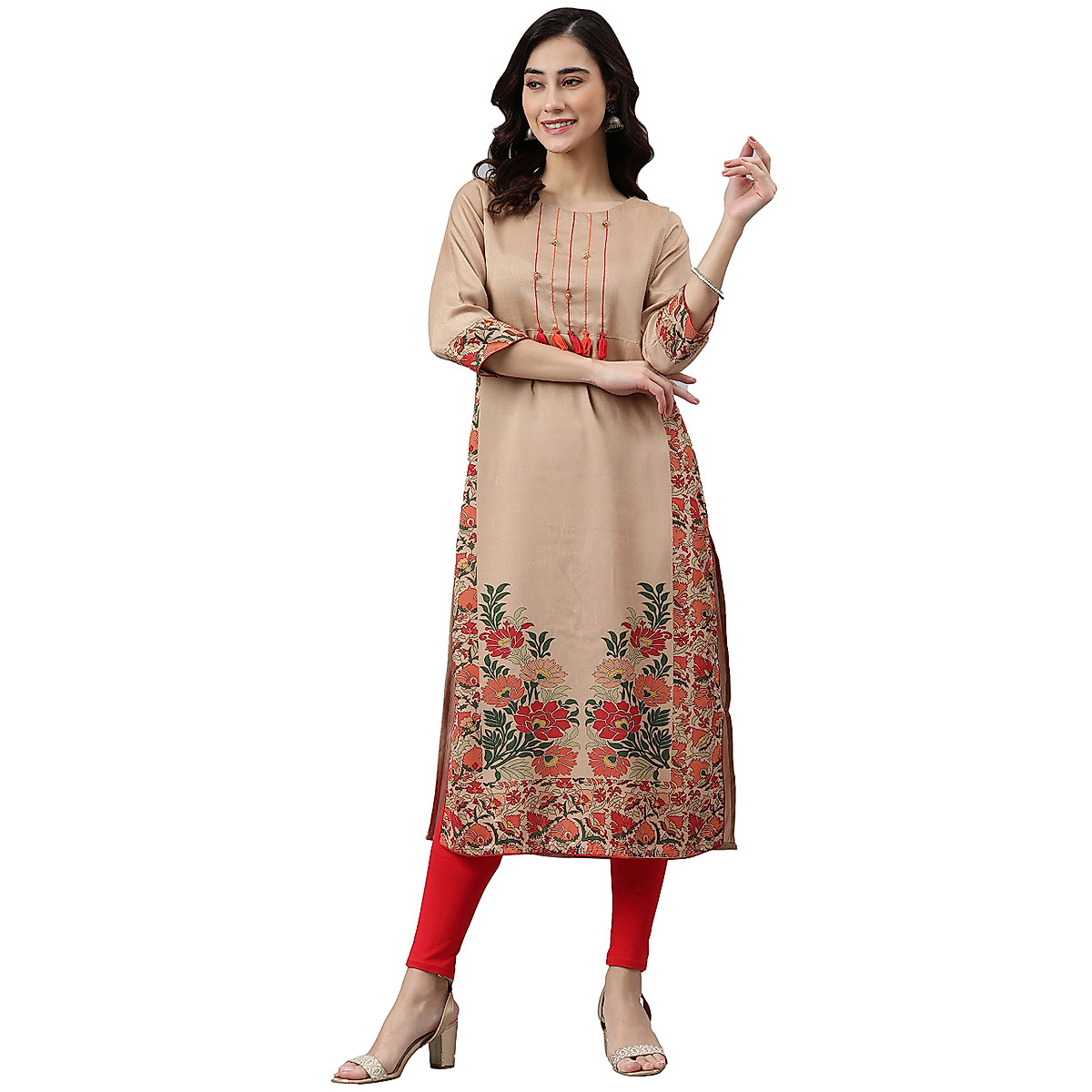 Janasya Indian Women's Tunic Tops Poly Silk Kurti for Women(JNE2305-KR-533-M) Brown
