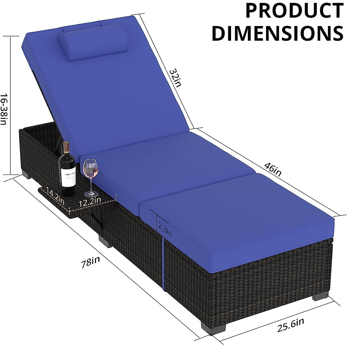 GarveeLife Patio Chaise Lounges Set of 2, Outdoor PE Wicker Chaise Lounge Chairs with 5 Adjustable Backrest & 25D Cushions Perfect for Beach Pool Lawn Yard Patio, Blue