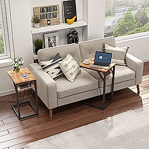 NONGSHIM Side Table, Slim C Shaped End Table with Charging Station, Small Snack Table for Living Room, Bedroom, Sofa Table with USB Ports and Outlets for Small Spaces, Rustic Brown