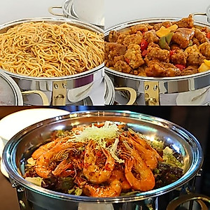 Amhier 5 Qt Chafing Dish Buffet Set with Visible Glass Lid and Holder, Stainless Steel Round Chafers and Buffet Warmers Sets with Food and Water Trays for Catering, Parties and Weddings, Gold, 2 Pack