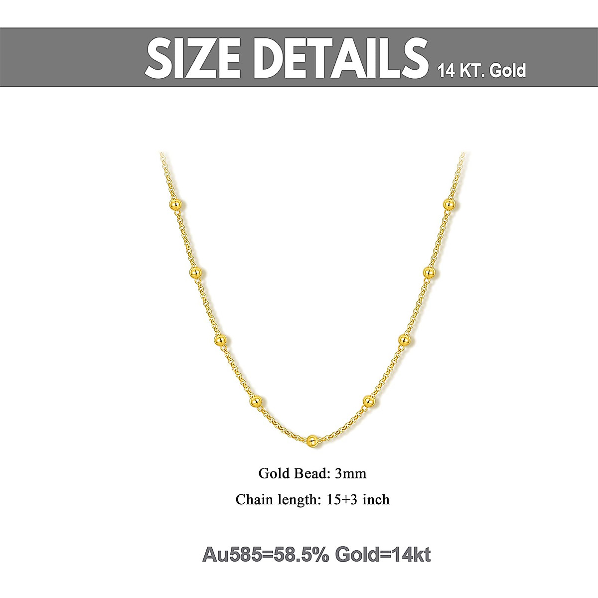 SISGEM Real 14k Gold Bead Station Choker Necklace for Women, 3 MM Ball Chain Jewelry Gifts for Her, 15-18 Inch
