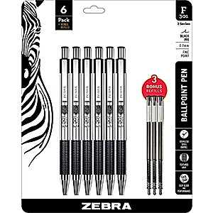 Zebra F-301 Ballpoint Stainless Steel Retractable, 0.7mm, Black Ink, Combo Pack of 6 BLACK INK Metal Pens with 3 BLACK INK REFILLS, 0.7mm fine point pens with Pen Refill