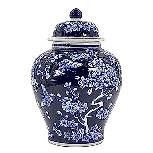 Galt International Dark Blue Floral Chinoiserie Jar 12" w/Lid - Ginger Jar, Tea Storage, Decorative, Home Decor Jar